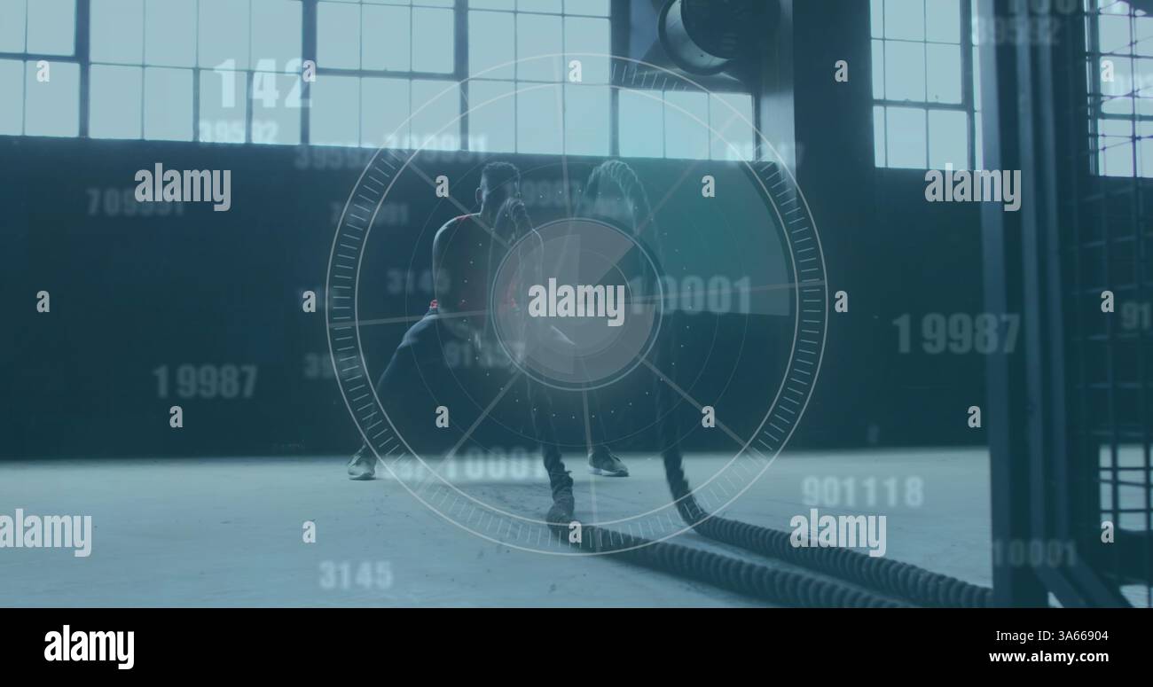 Image of floating numbers over man exercising with ropes in an ...