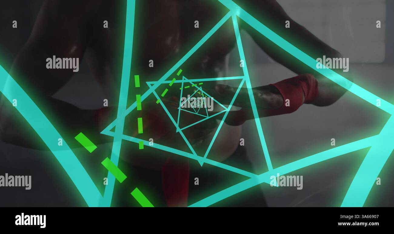 Image of green glowing neon triangles over man wrapping hands before ...