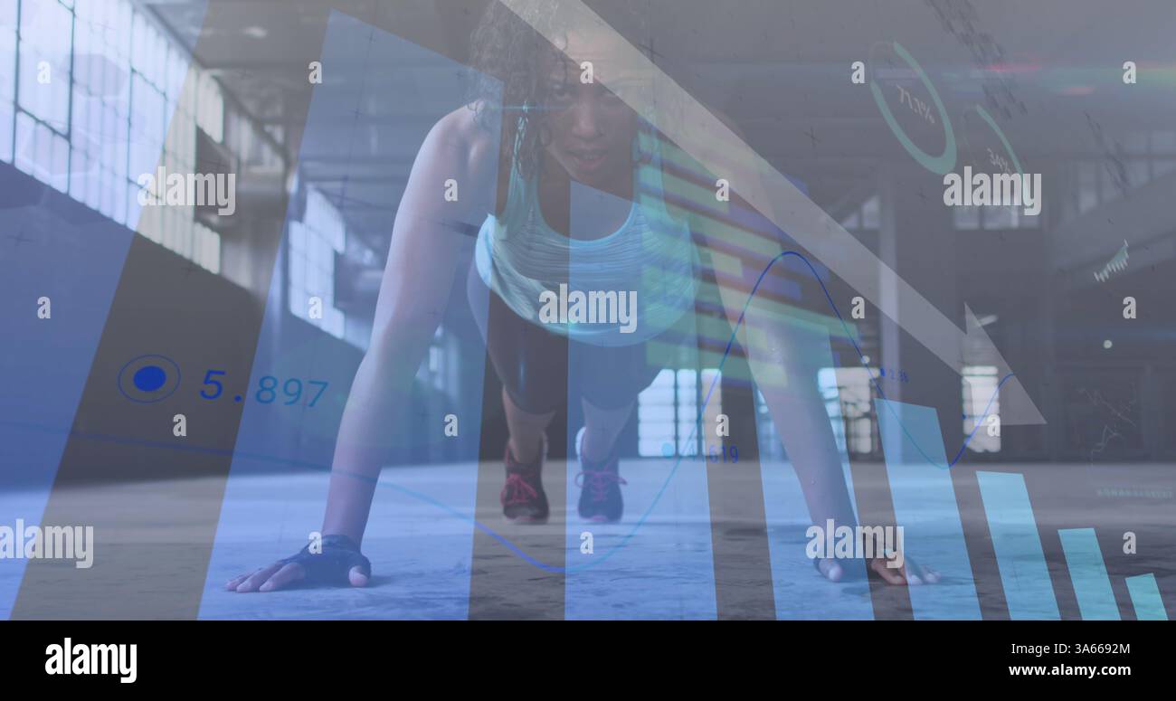 Statistical Data Processing Against African American Woman Performing Pushup Exercise Stock