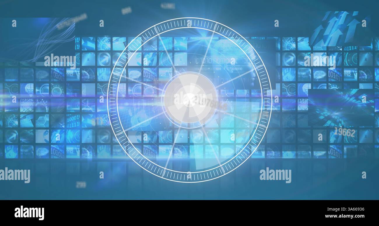 Image of circular scope and rising numbers with composite screens ...