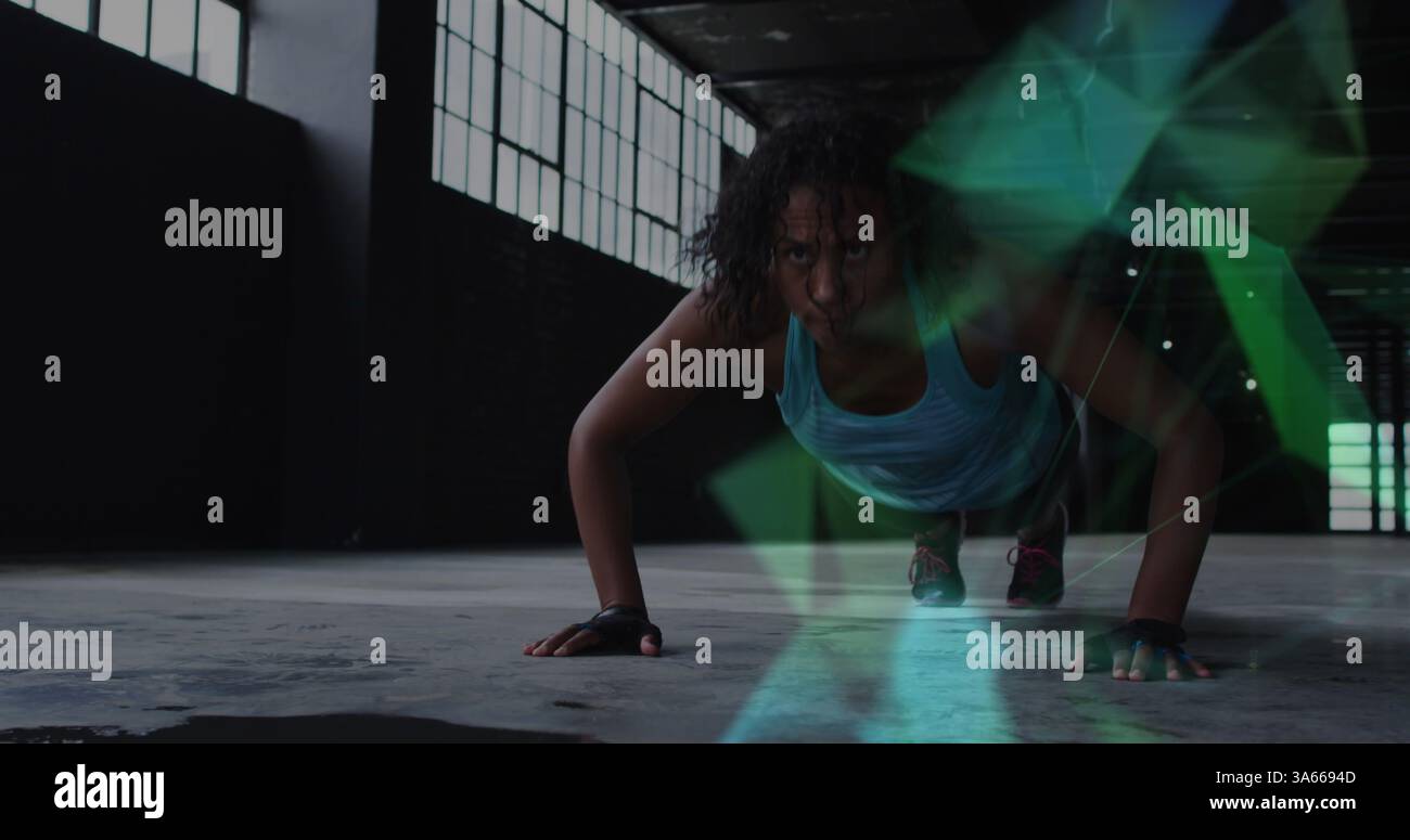 Image of floating colourful shapes over woman doing push ups in an ...