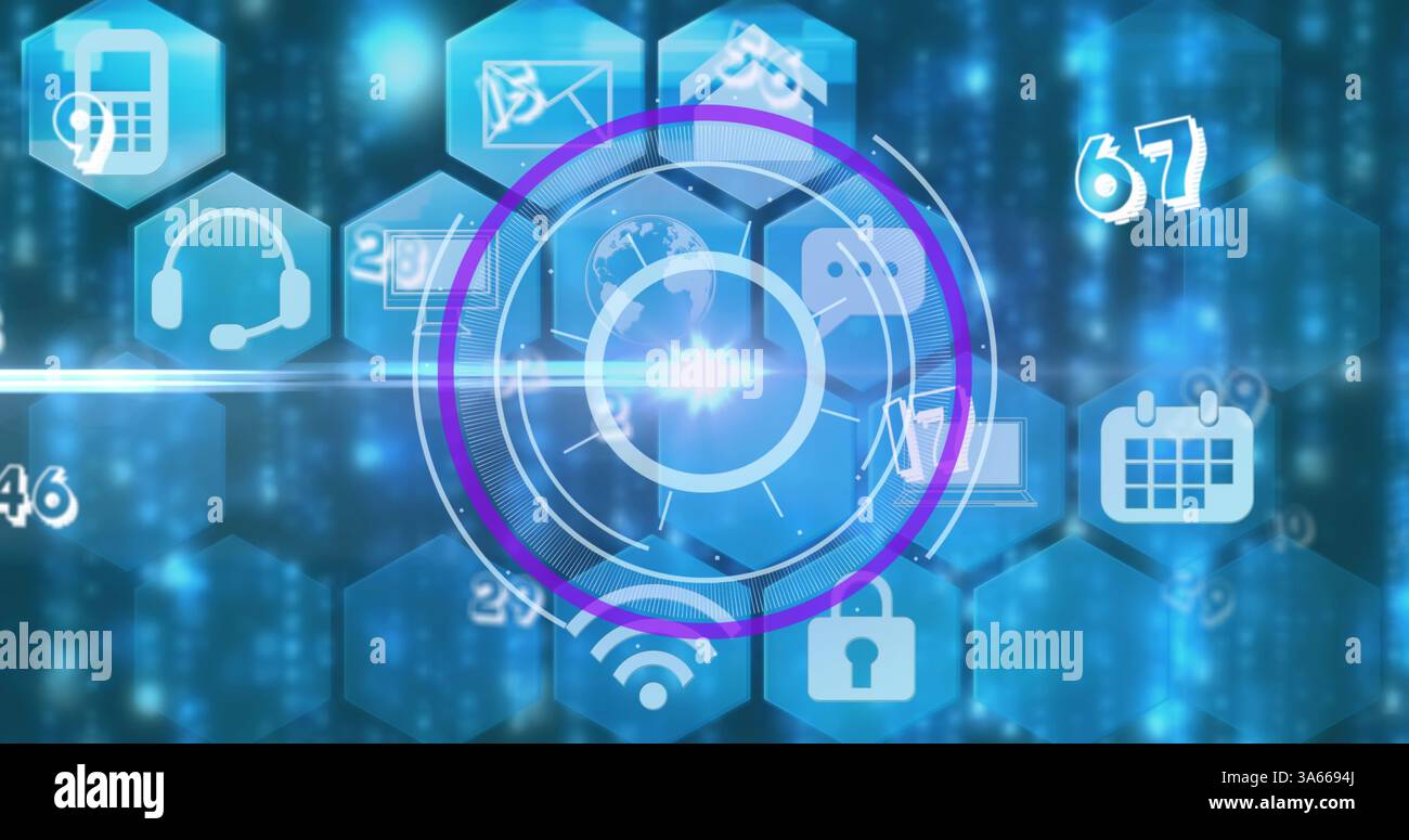 Image of digital interface showing circular scope with floating numbers and media icons in blue ...