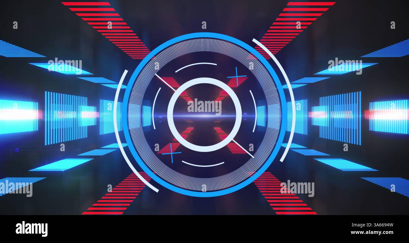 Image of digital interface showing circular scope scanning and blue and red lights on black ...