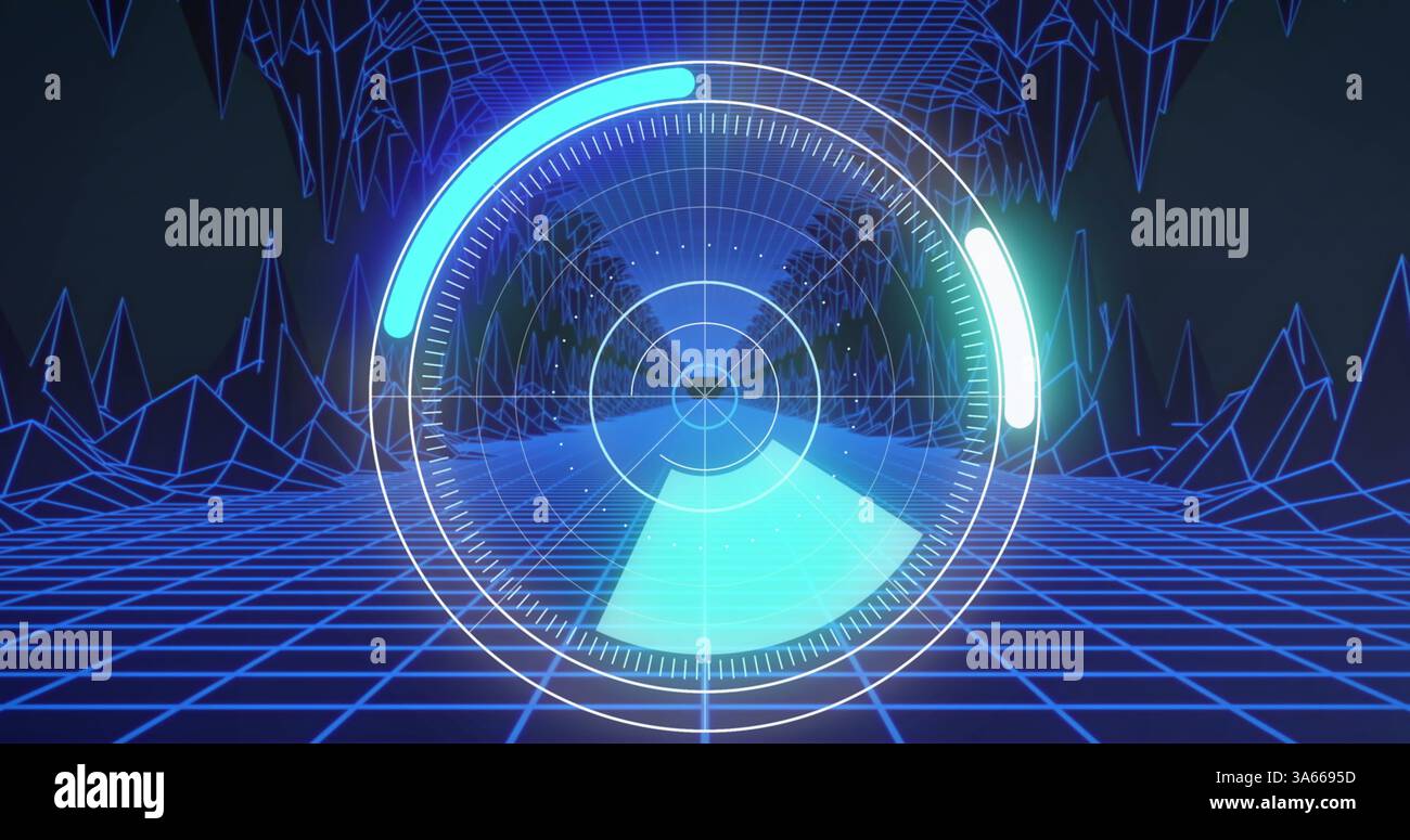 Image of circular scope scanning with blue grid and topography on black ...