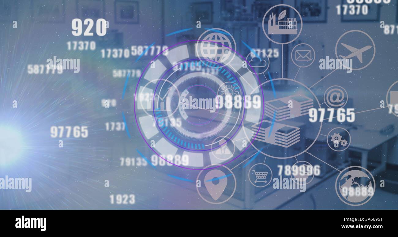 Image of digital interface with moving numbers a circular scope and a network of connected icons ...