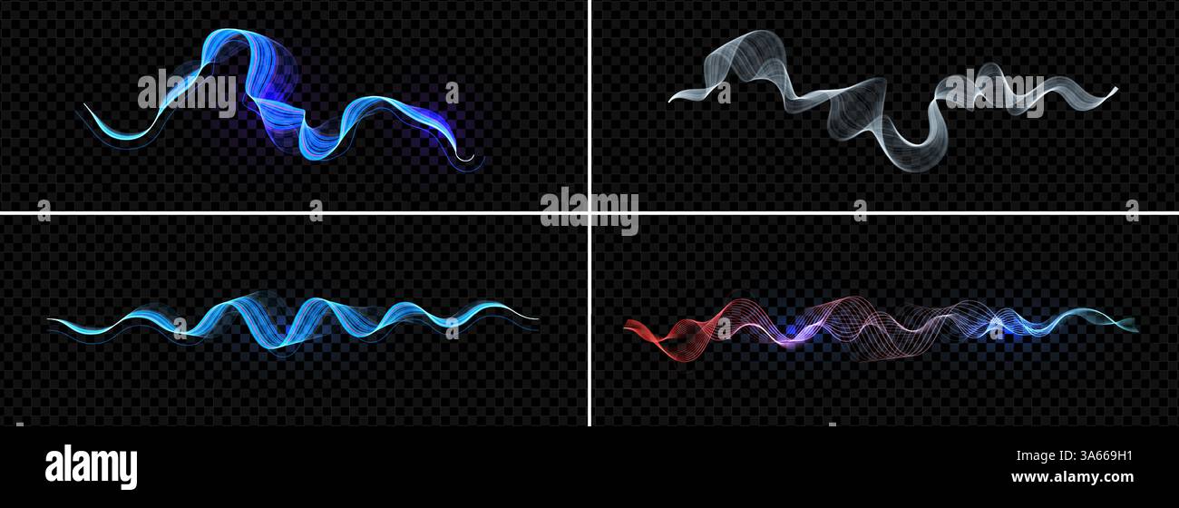 Bright glowing waveform with neon blue and cyan curves on transparent ...