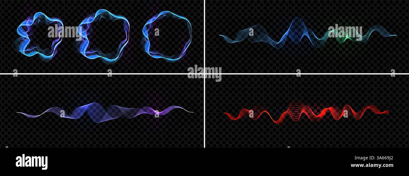 Red glowing waveform with dynamic curved lines on transparent background. Abstract motion signal ...