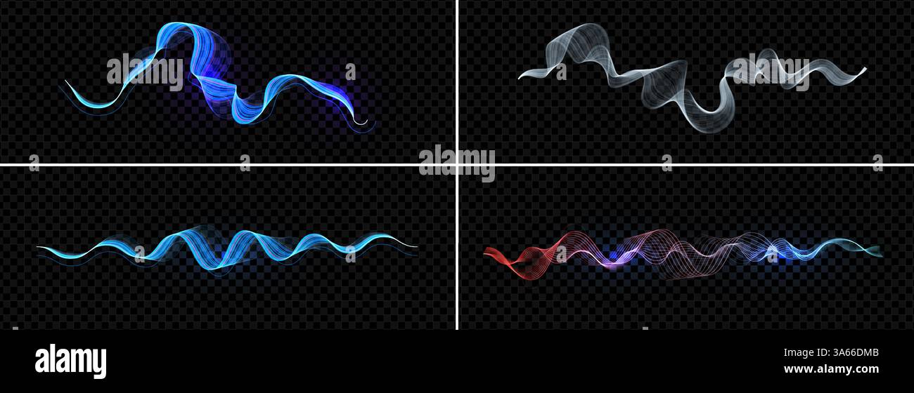 Glowing curved waveform with neon blue and purple light swirls on transparent background. Vivid ...