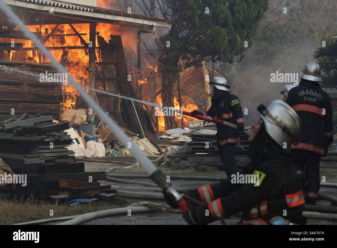 Firefighters struggle to extinguish the fire triggered by a wildfire in ...