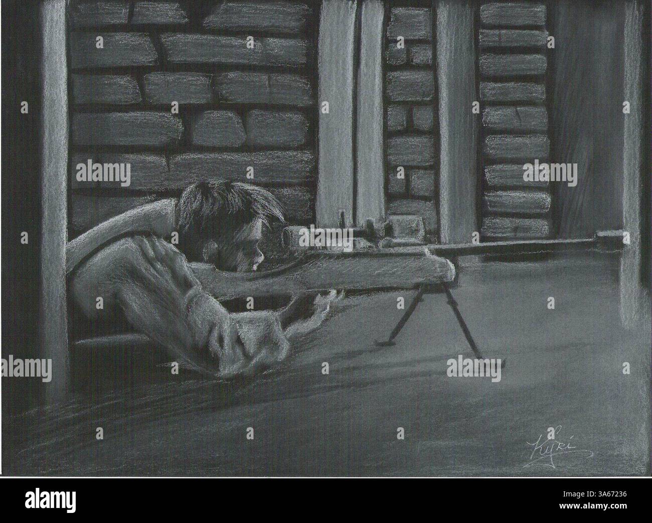 Aug 18, 2004; FOB Duke, Iraq; COMBAT ILLUSTRATION -- A sniper attached ...