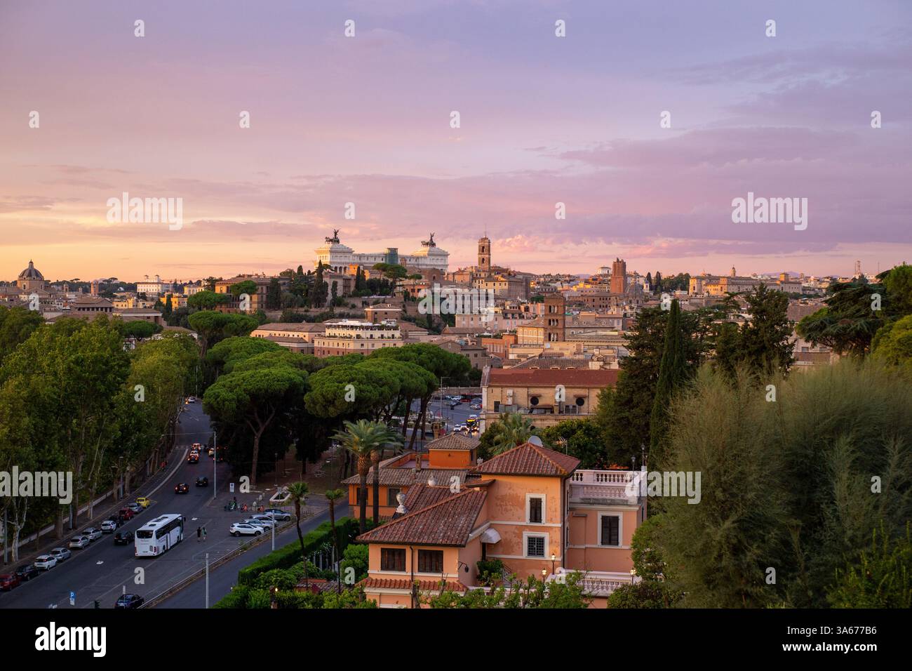 Scenic panoramic image of Rome, Italy captured at sunset, featuring the ...
