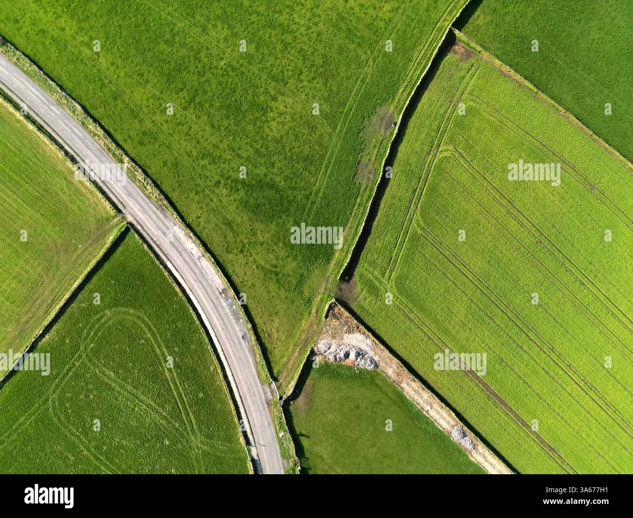 Aerial view of British farmland with green fields, winding country road ...