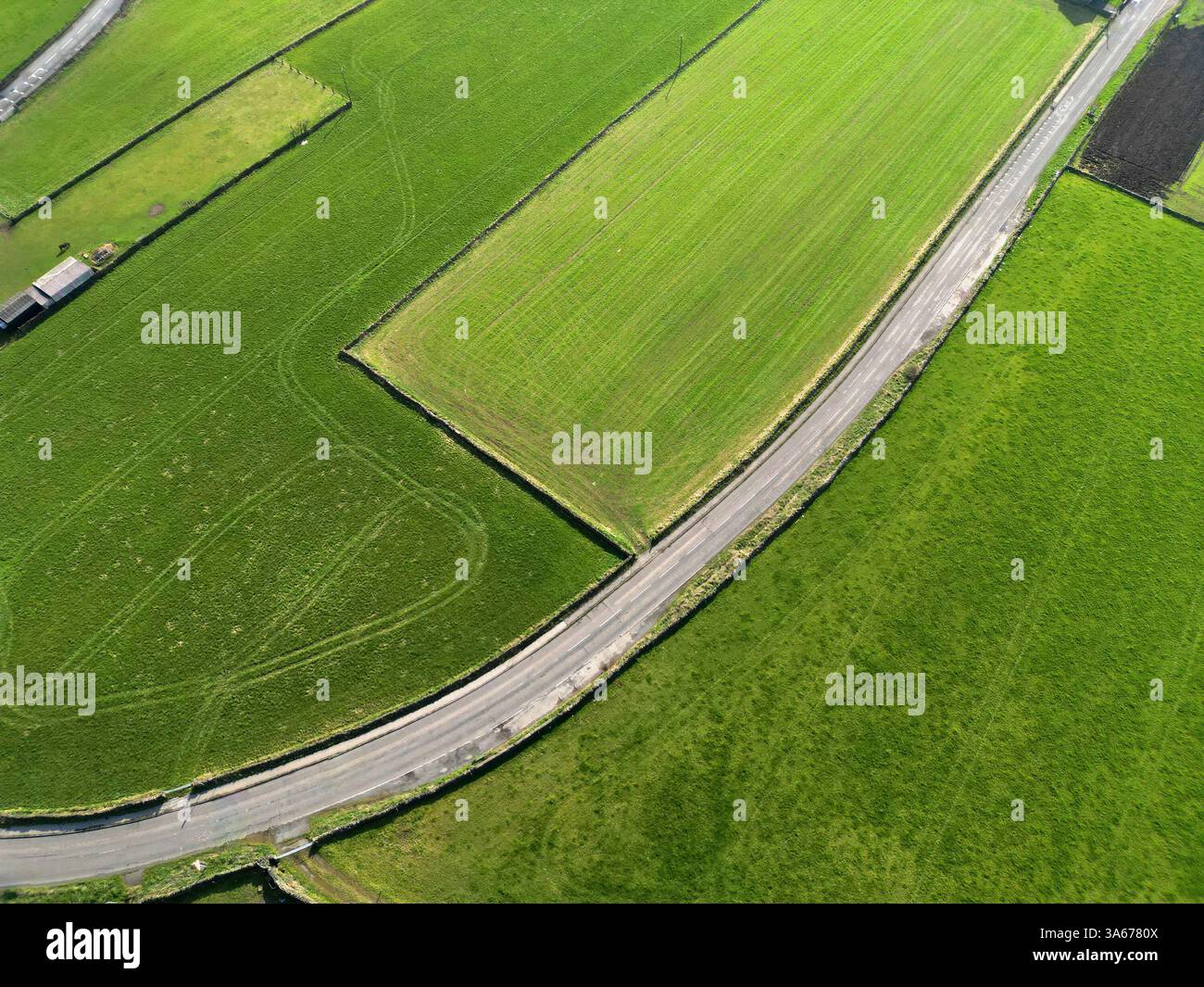 Aerial view of British farmland with green fields, winding country road ...