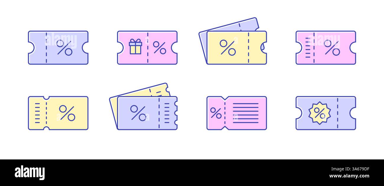 Set of colorful discount coupon icons. Shopping voucher symbols with ...