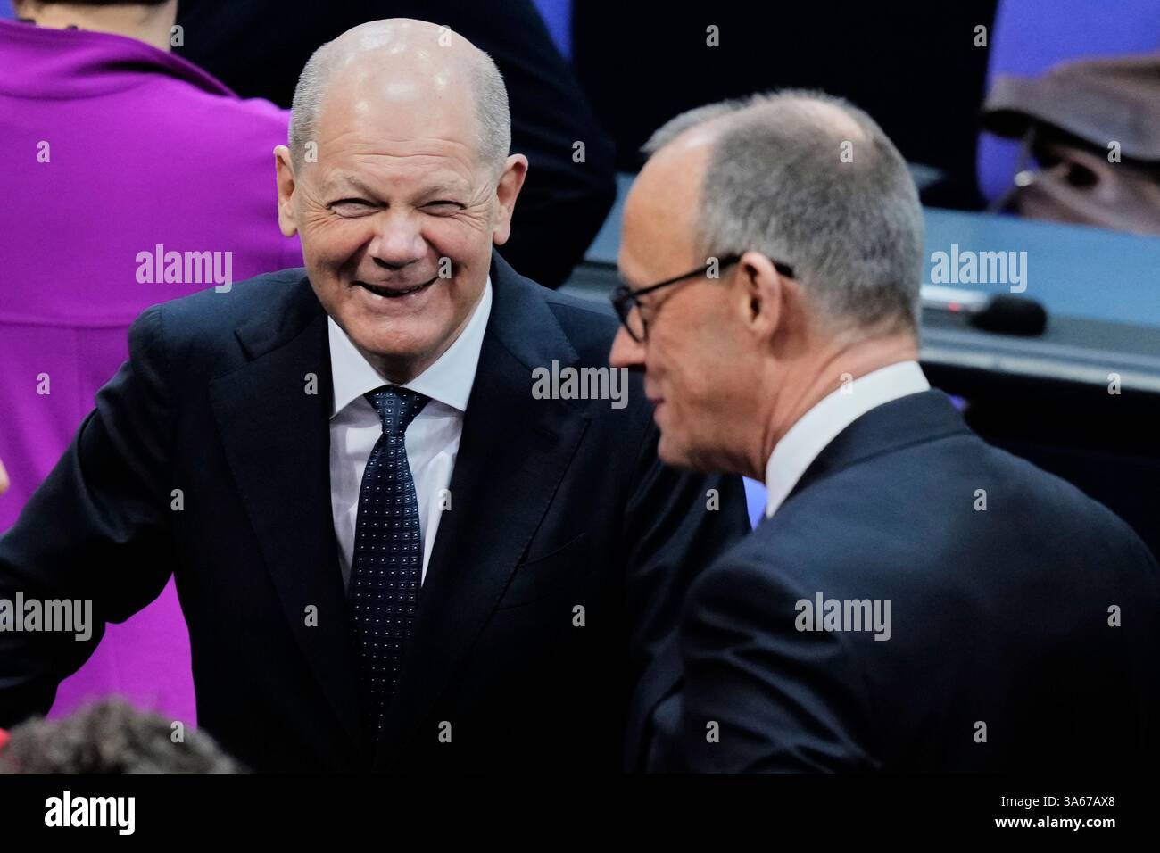 German Chancellor Olaf Scholz, left, and CDU leader Friedrich Metz attend the constituent ...