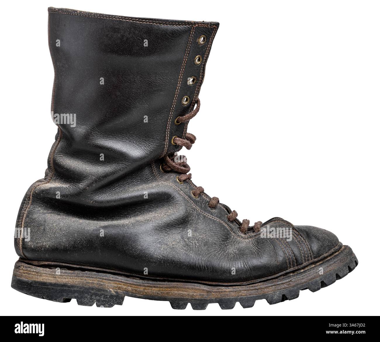 Old, worn, and weathered black leather boot isolated on transparent ...