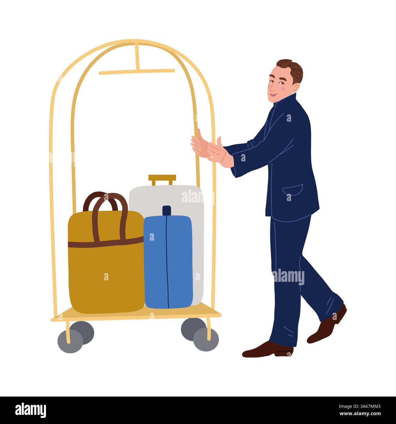 A man in a suit is pushing a cart with luggage on it. Hotel employee ...