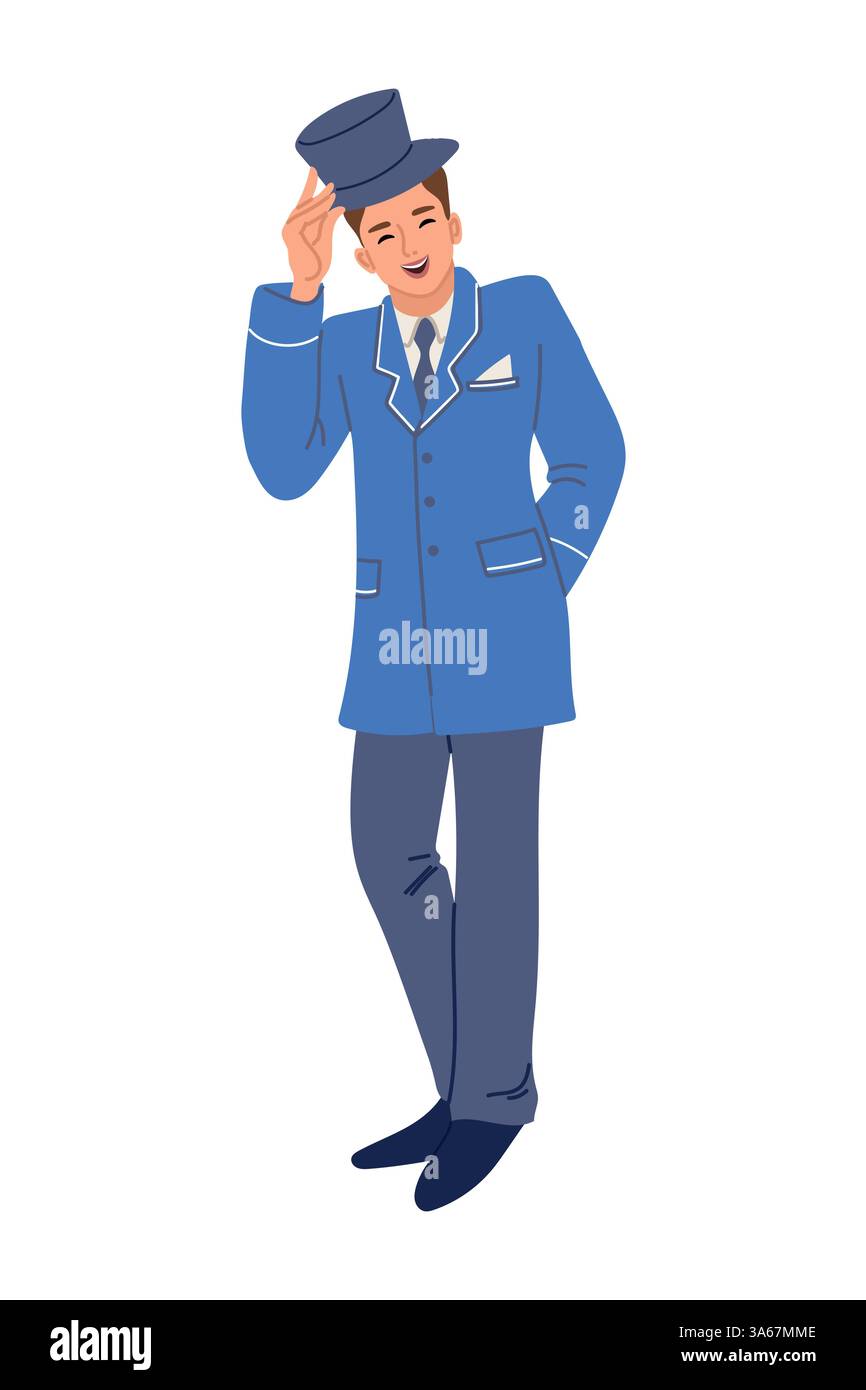 A man in a blue suit and hat . Doorman in a hotel isolated on a white ...
