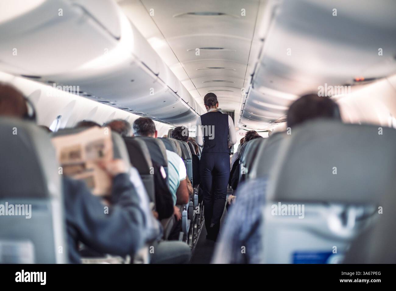 Interior of airplane with passengers on seats and stewardess in uniform ...