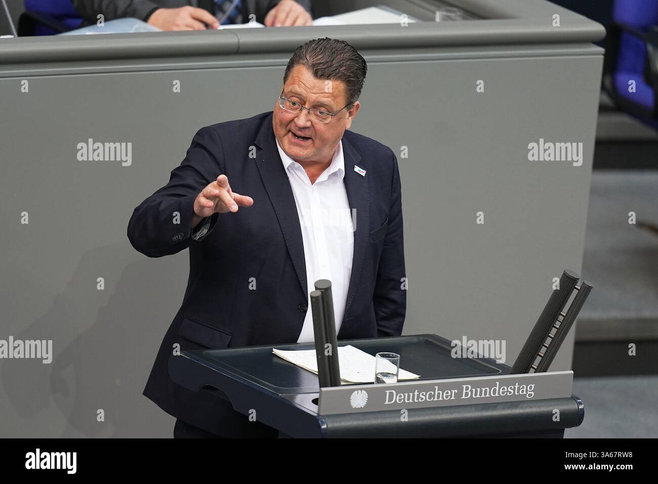 Berlin, Germany. 25th Mar, 2025. Stephan Brandner (AfD) speaks at the constituent session of the ...