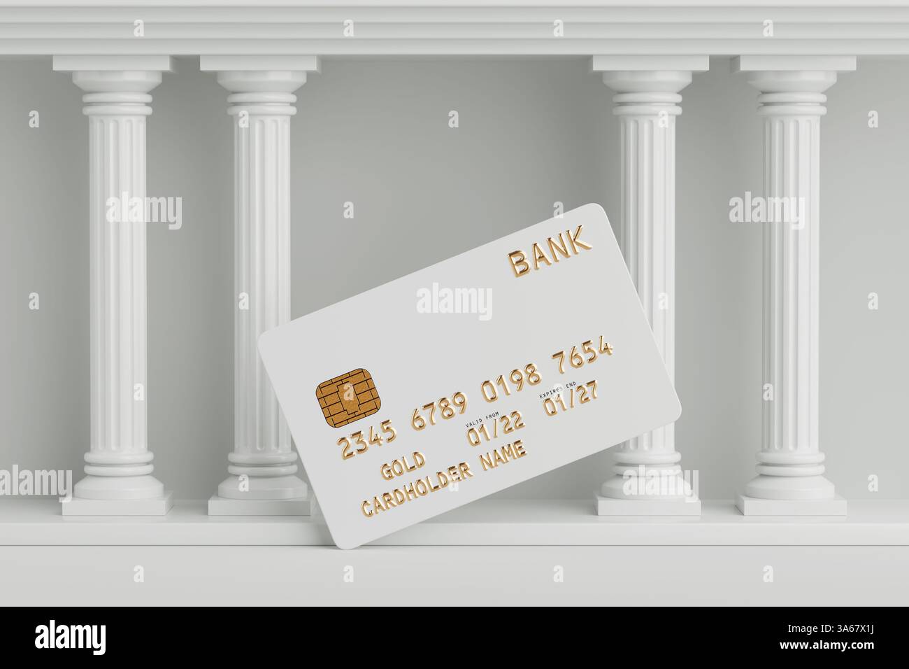 White Modern Credit Card in front of White Bank Building Wall with ...