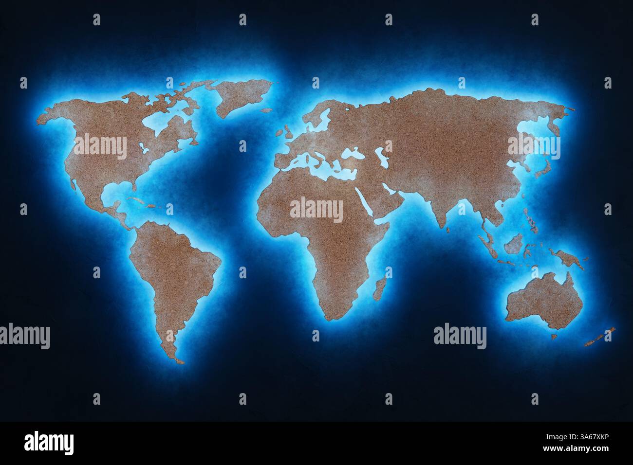 Wooden Earth World Map with Blue Glow Backlight on a blue wall ...