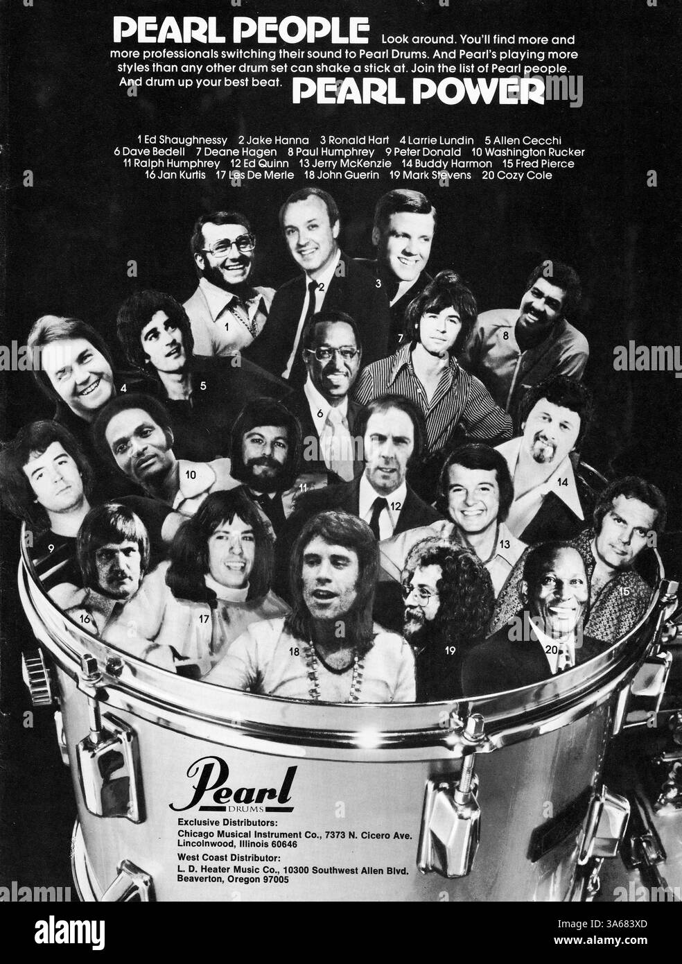 An advertisement from an early 1970s magazine for PEARL DRUMS featuring ...