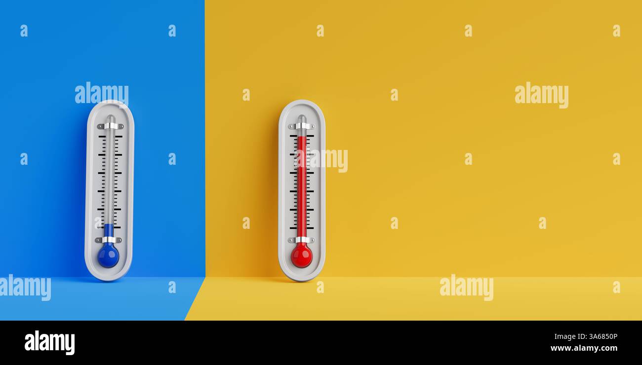 Outdoor Thermometers Showing High and Low Temperatures on a yellow and ...