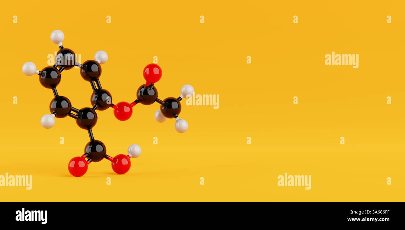 Structural Model of Aspirin Molecule on a yellow background. 3d ...