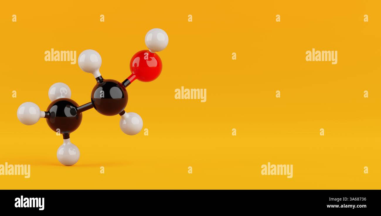 Structural Model of Ethanol Molecule on a yellow background. 3d ...