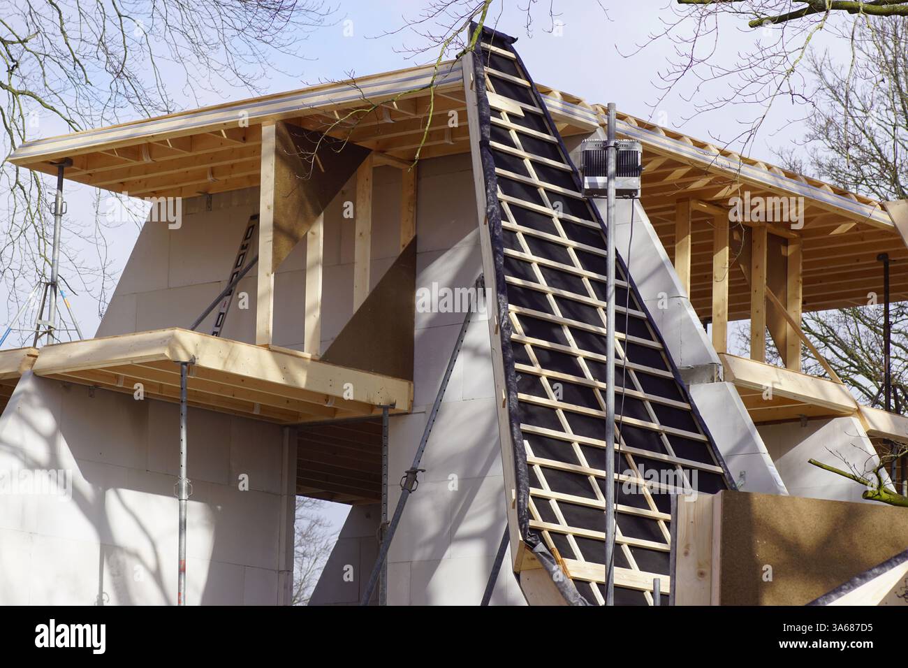 Construction house, beams, roof element, interior walls of large ...