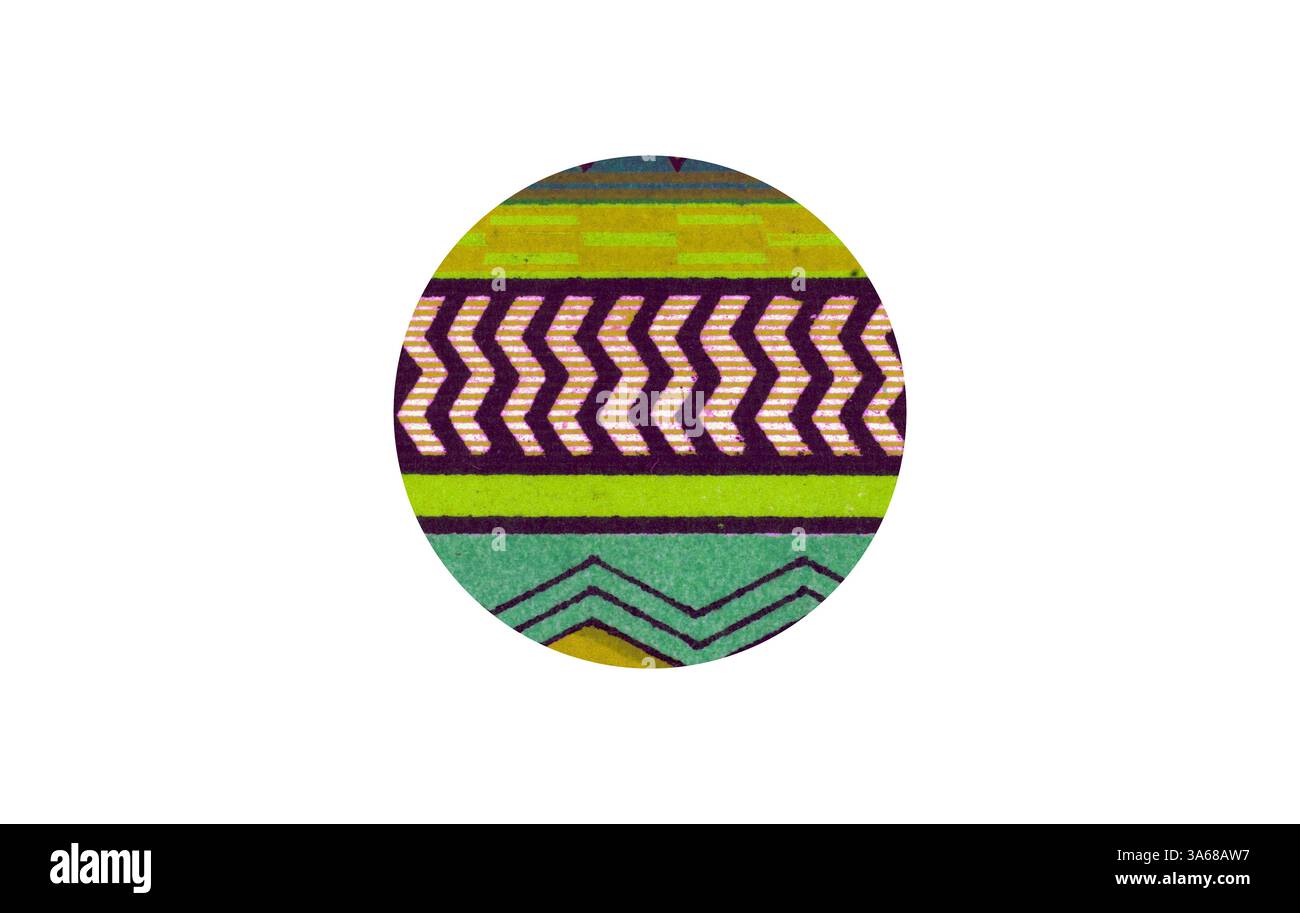 A vibrant patterned textile featuring geometric shapes and bold colors ...