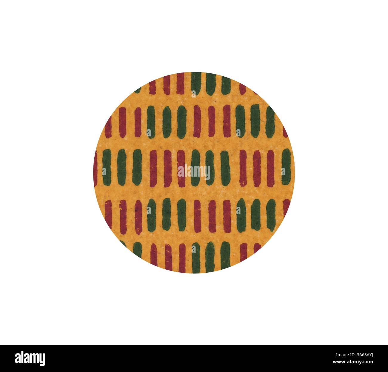 A circular design featuring a pattern of vertical lines in red and ...