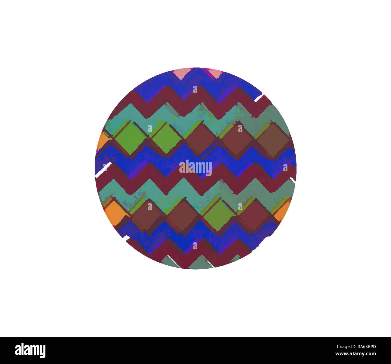 A colorful, patterned oval featuring vibrant zigzag and diamond designs ...