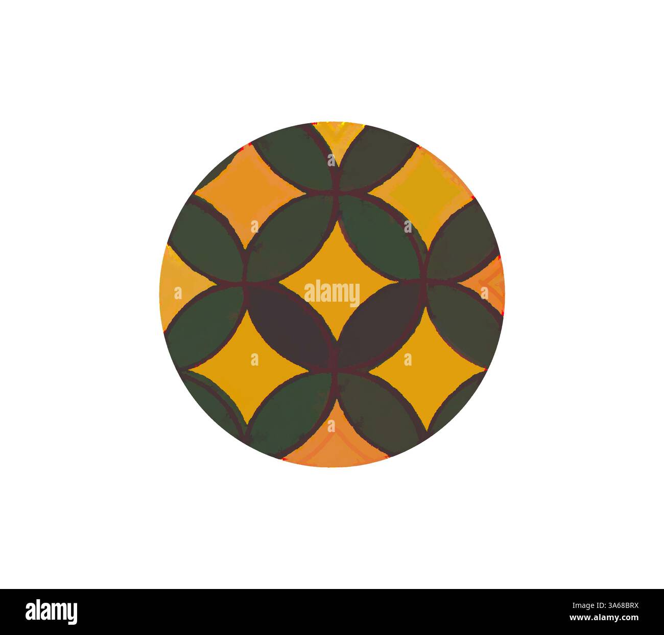 A circular design featuring interlocking shapes in shades of green ...