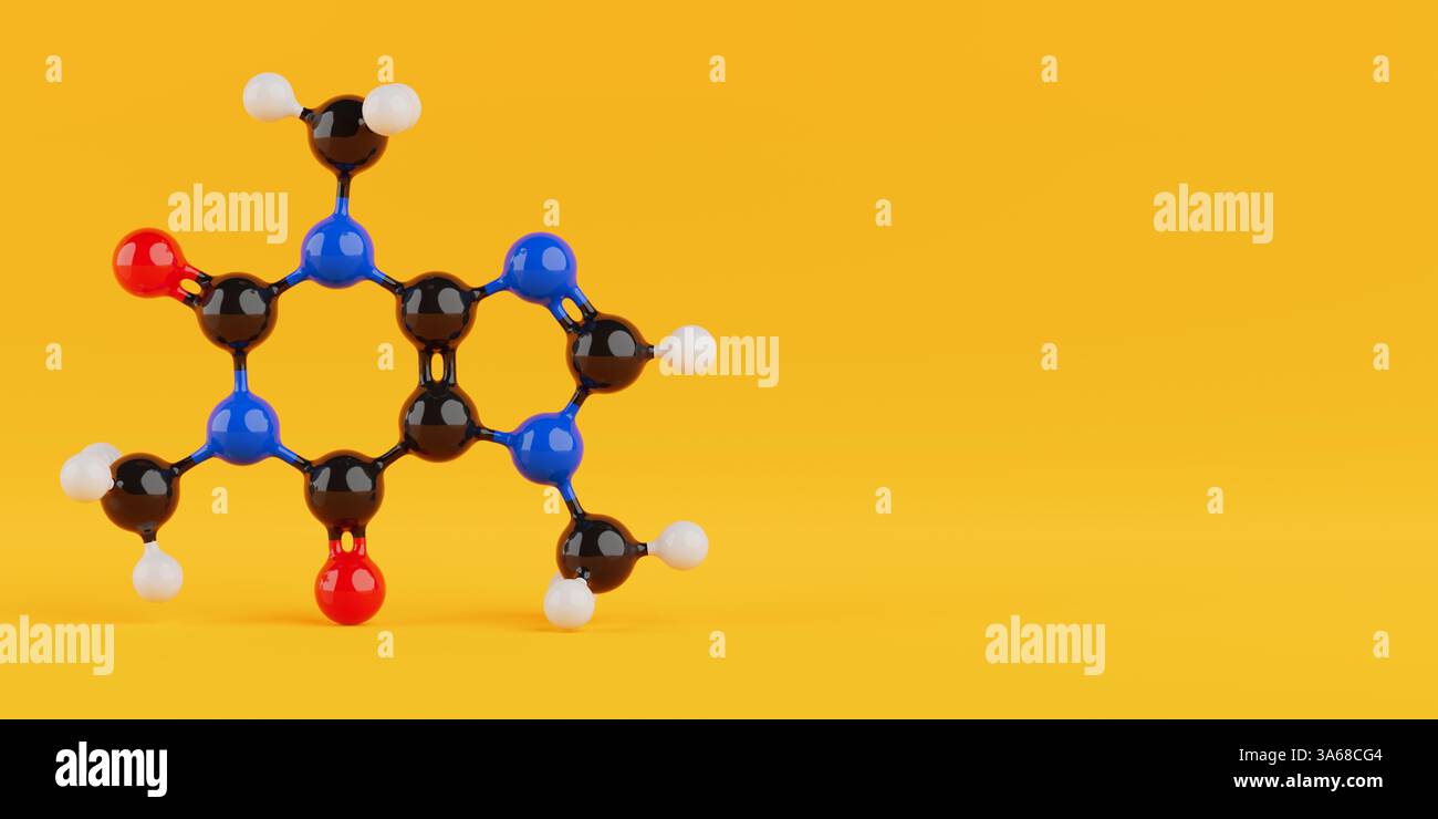 Structural Model of Caffeine Molecule on a yellow background. 3d ...