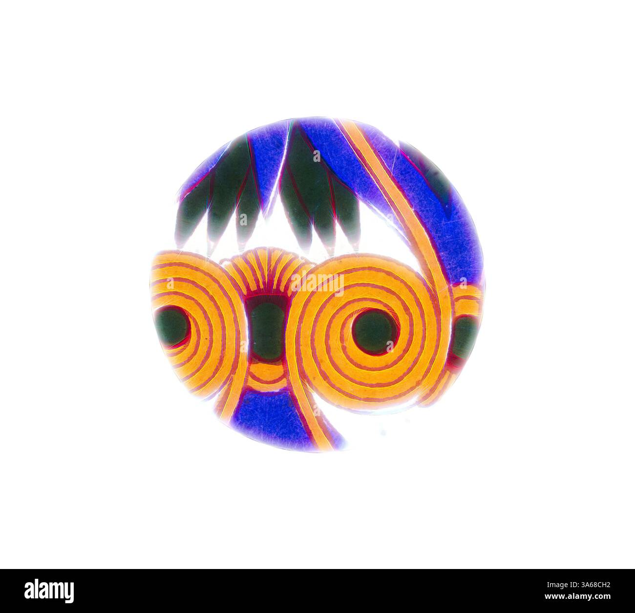 A vibrant circular design featuring swirling patterns and bold colors ...