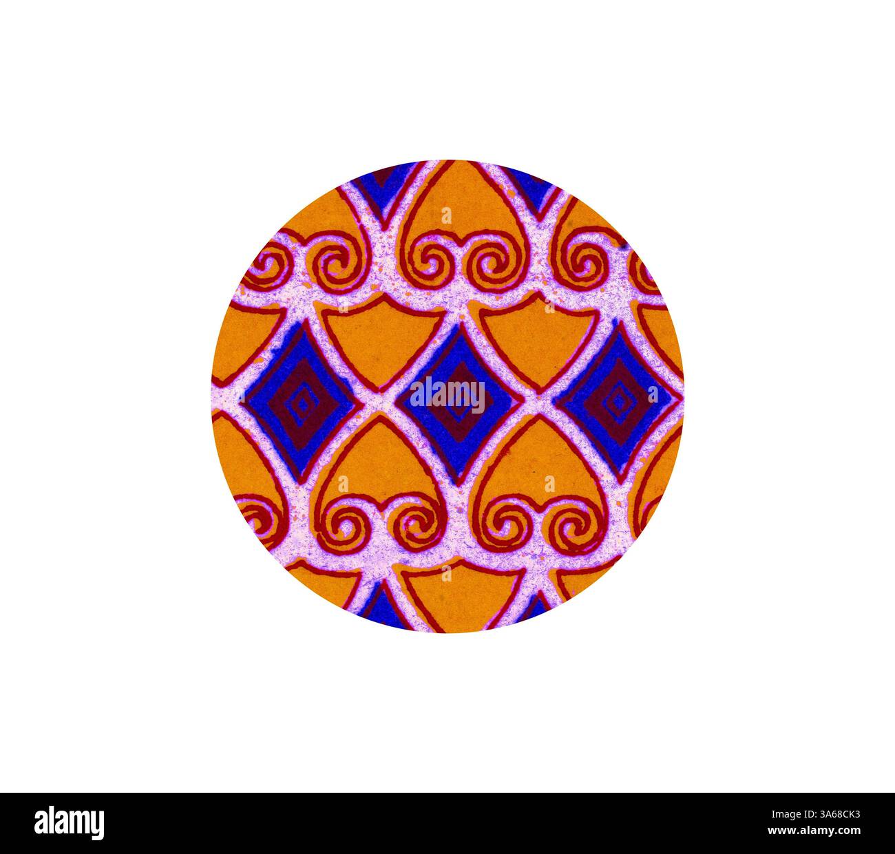 A vibrant circular pattern featuring swirling shapes and diamond motifs ...