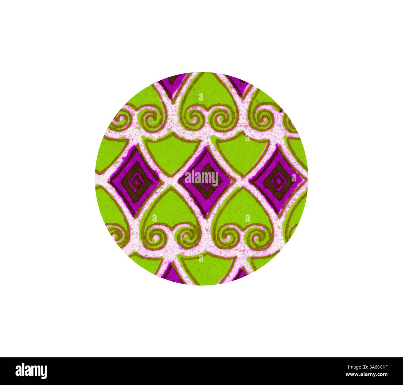 A vibrant circular pattern featuring intertwining swirls and geometric shapes in bold shades of ...