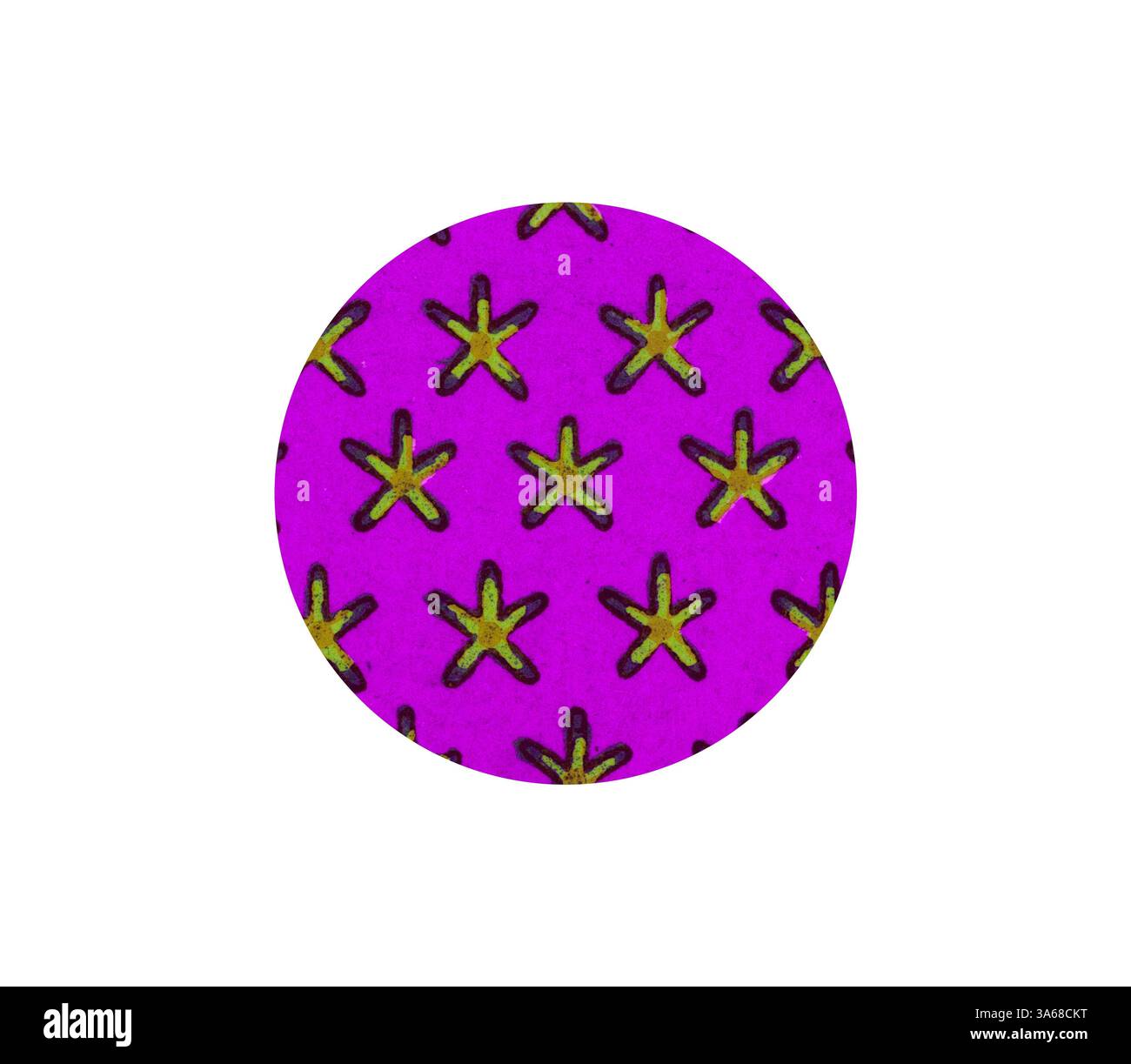A vibrant circular design features a purple background adorned with a ...