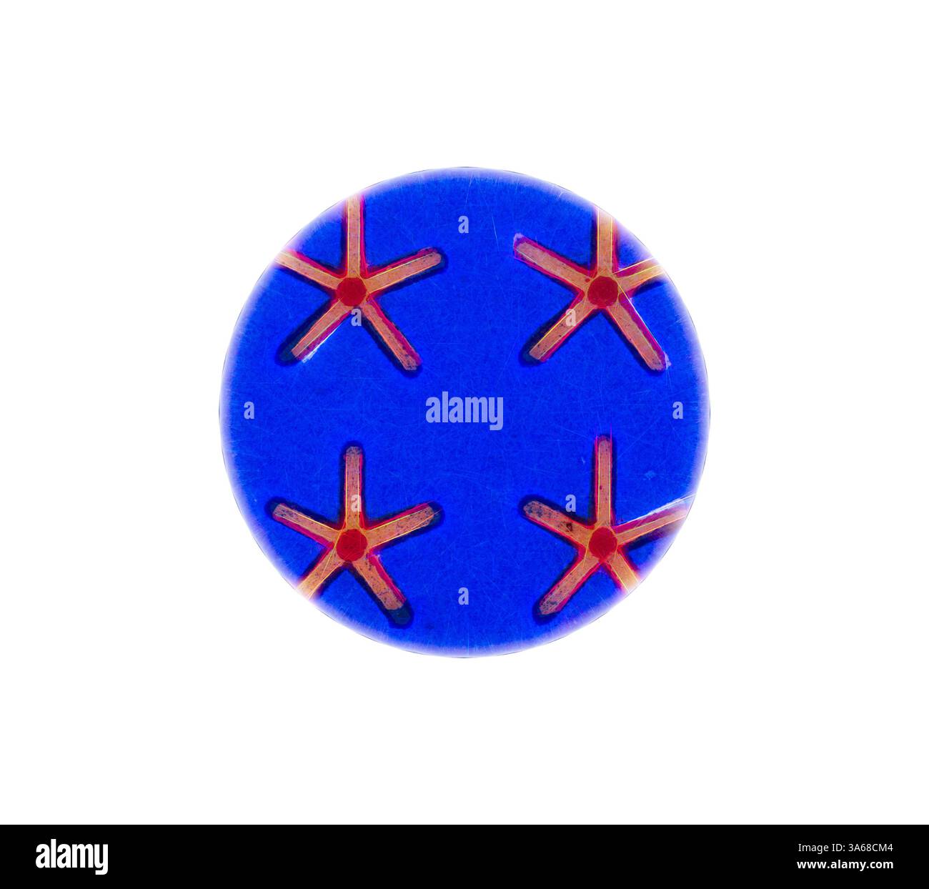 A vibrant blue circular object adorned with four red star shapes evenly ...