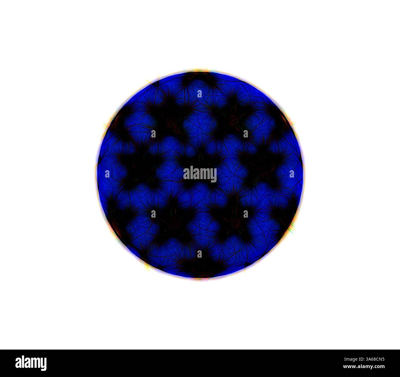 A vibrant blue circle adorned with intricate black star-like patterns ...
