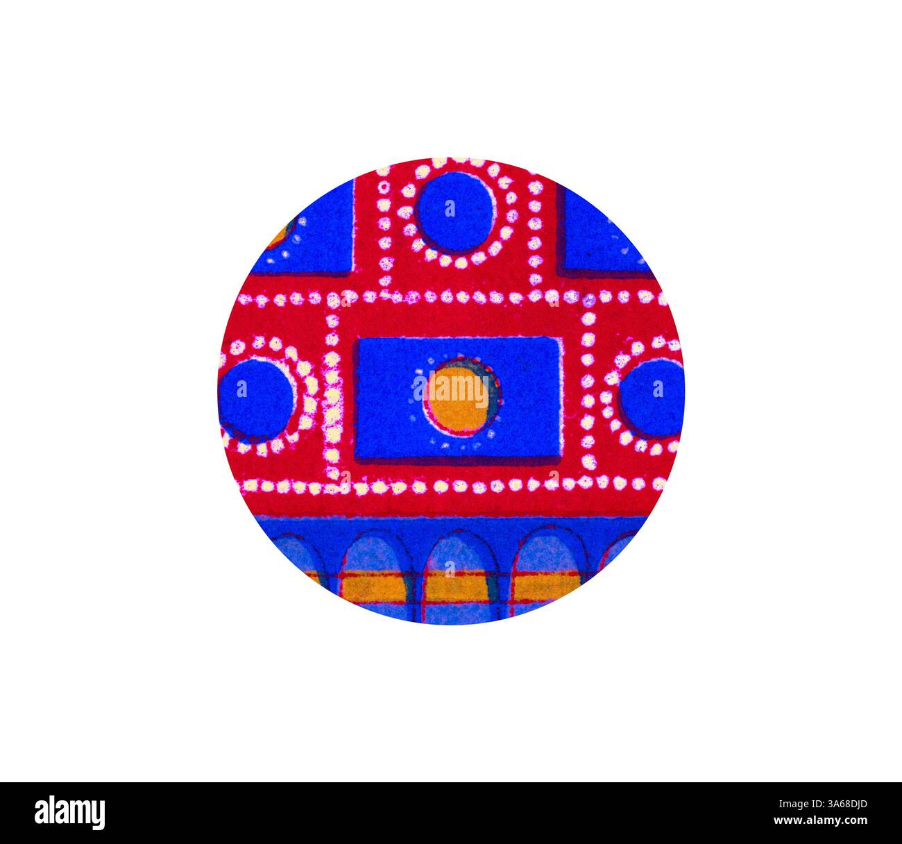 A vibrant circular design featuring bold geometric patterns in red ...