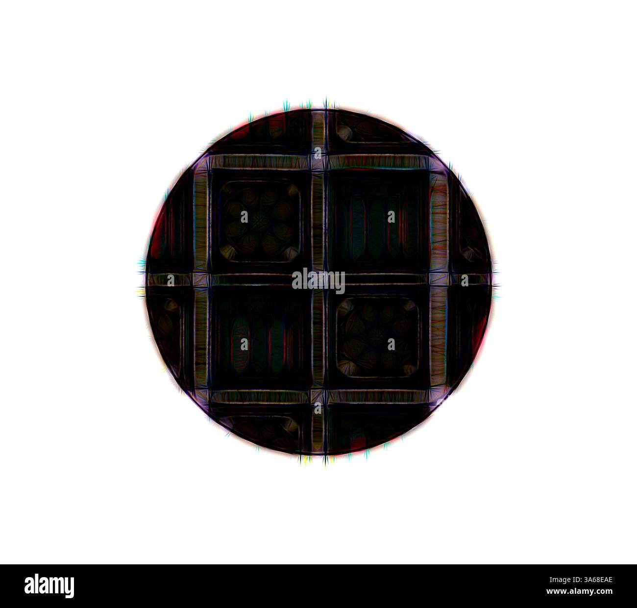 A circular design featuring a grid pattern with dark, textured squares ...