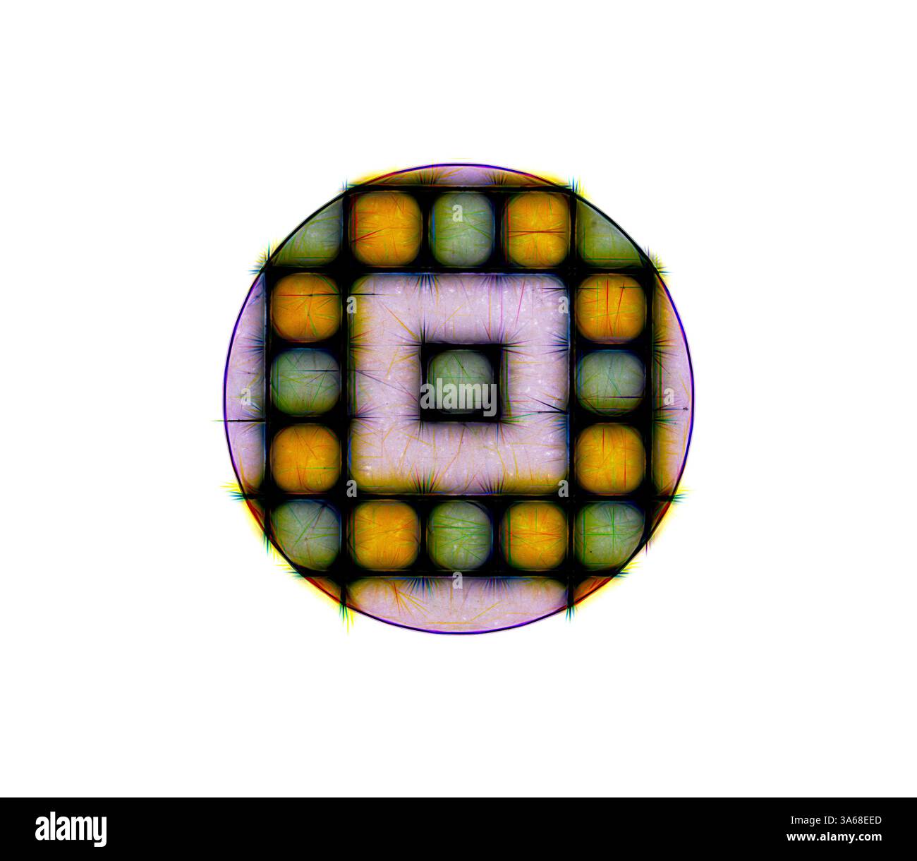 A vibrant, circular design featuring a geometric arrangement of squares ...