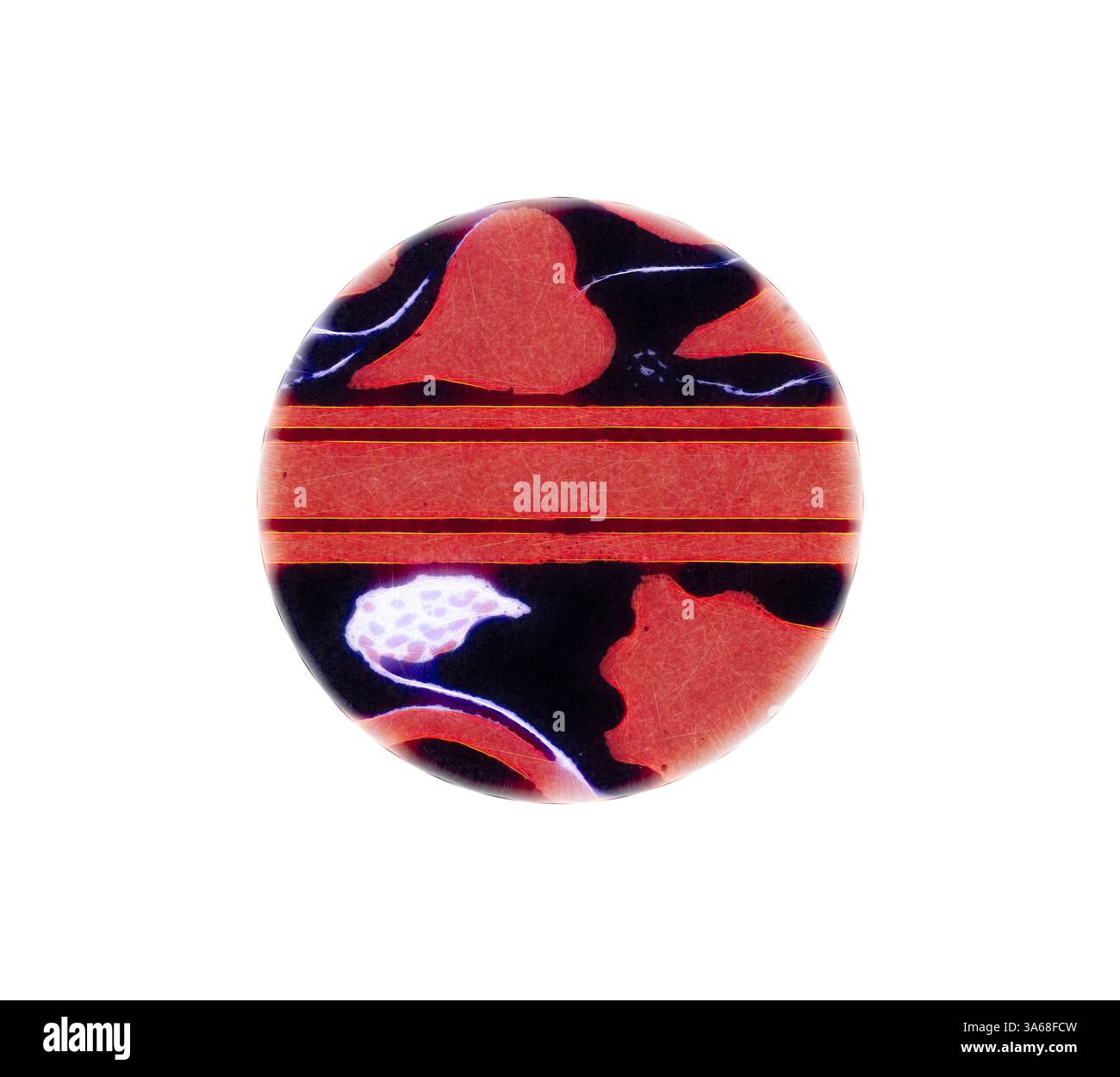 A round, intricately designed object features bold patterns of swirling ...