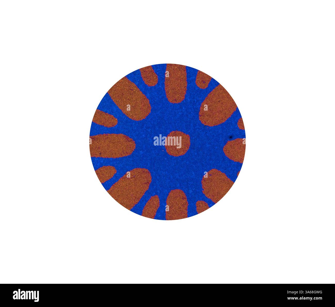 A vibrant blue circle adorned with irregular, radiating orange shapes ...