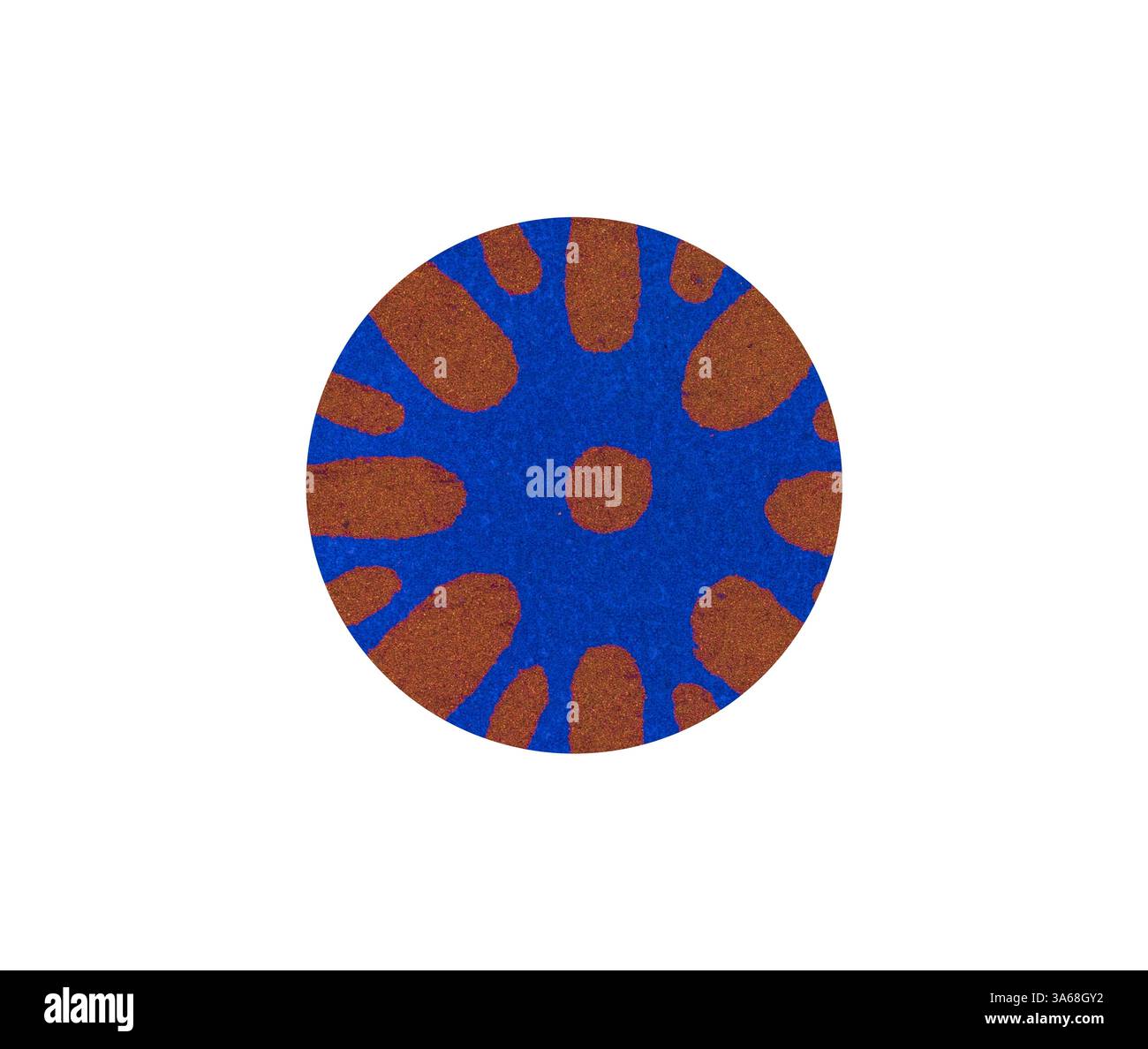 A circular design featuring a vibrant blue background with brown rays ...