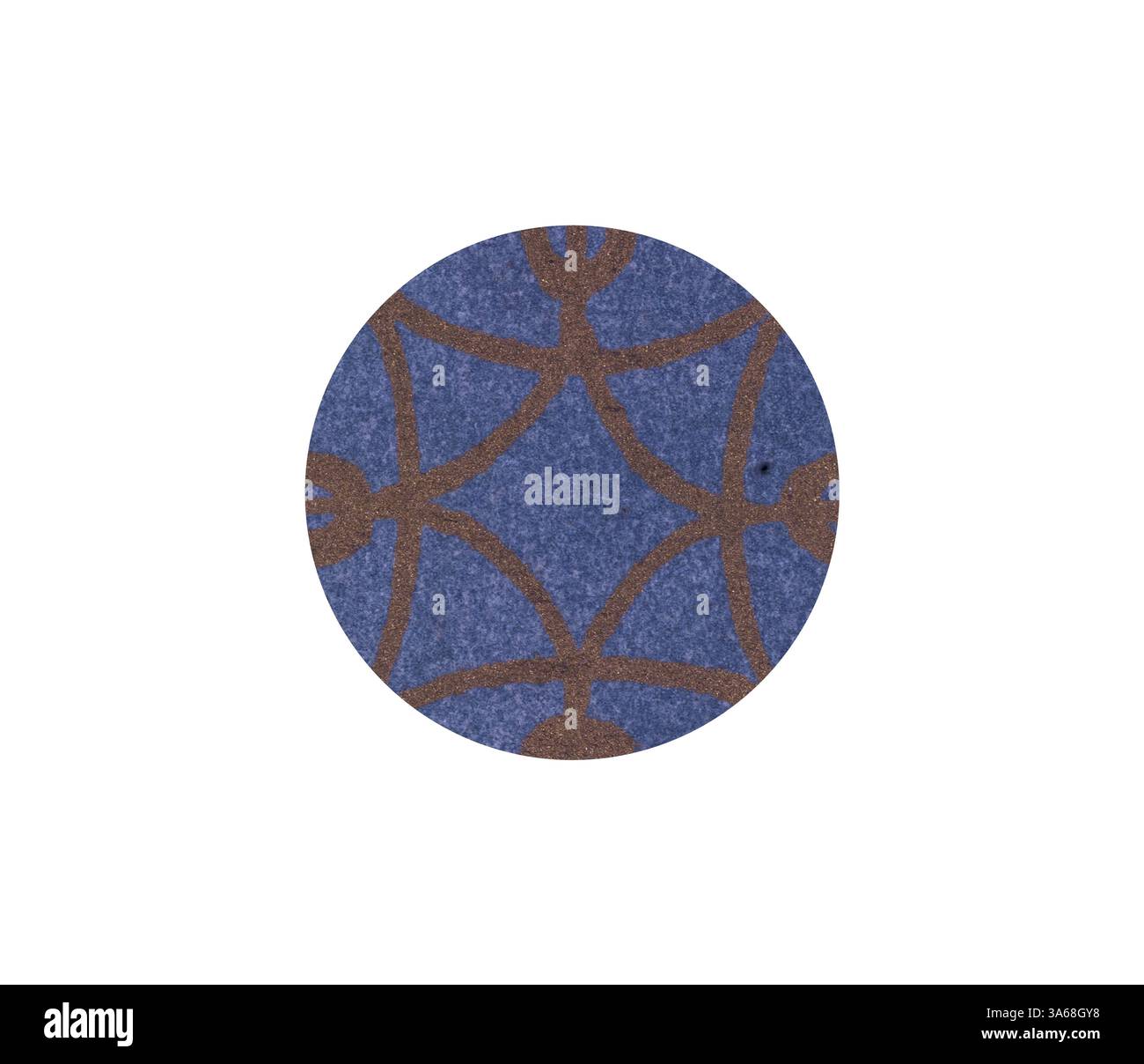 A circular design featuring a blue background with an intricate pattern of intersecting lines in ...