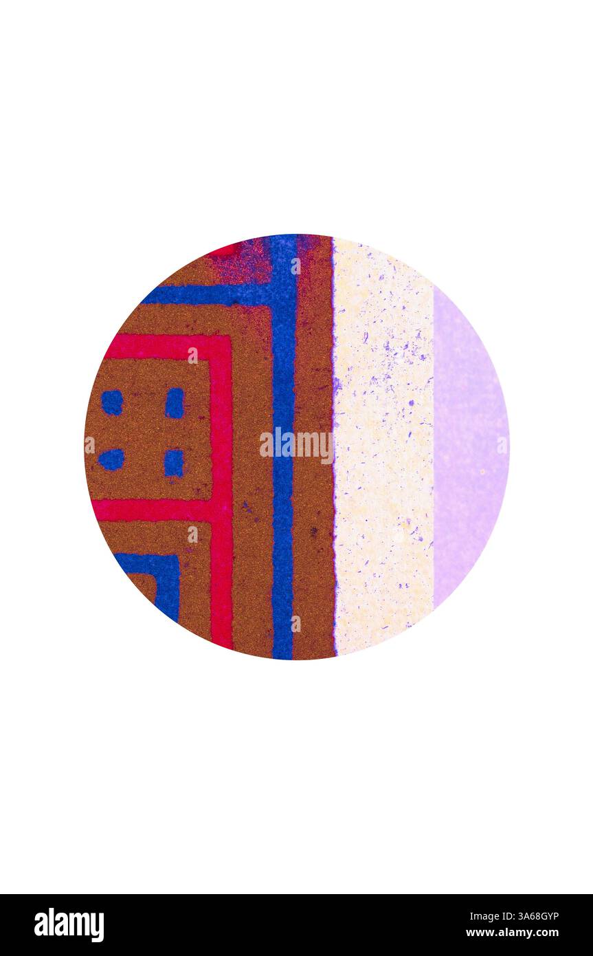 A circular composition featuring a blend of vibrant geometric patterns ...